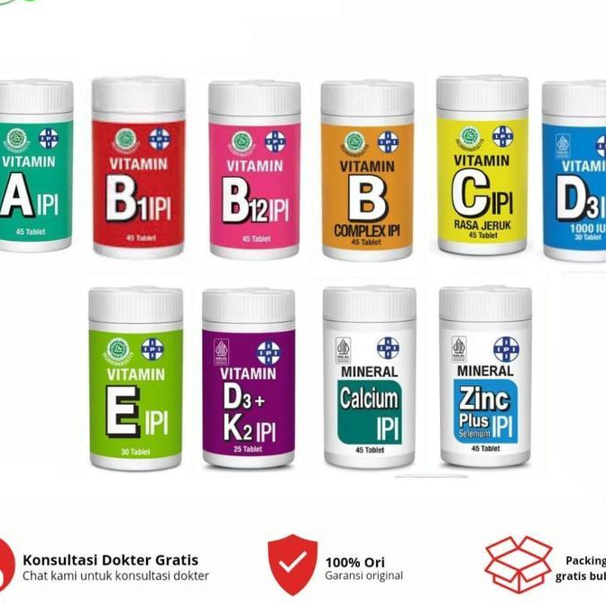 Jual IPI VITAMIN A B1 B12 B COMPLEX C D3 1000 E D3+K2 MINERAL ZINC ...