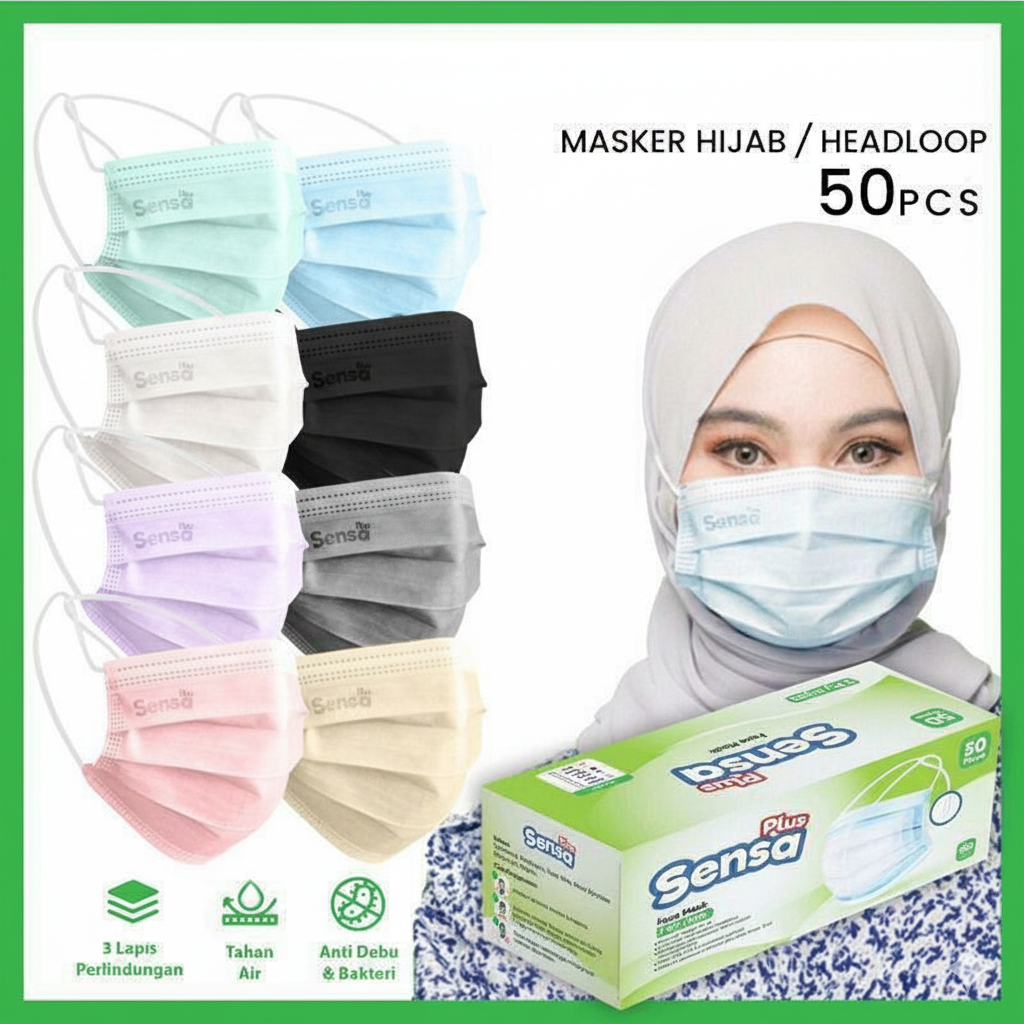 Jual MASKER HIJAB SENSA HEADLOOP 1BOX ISI 50PCS || MASKER HEADLOOP ...