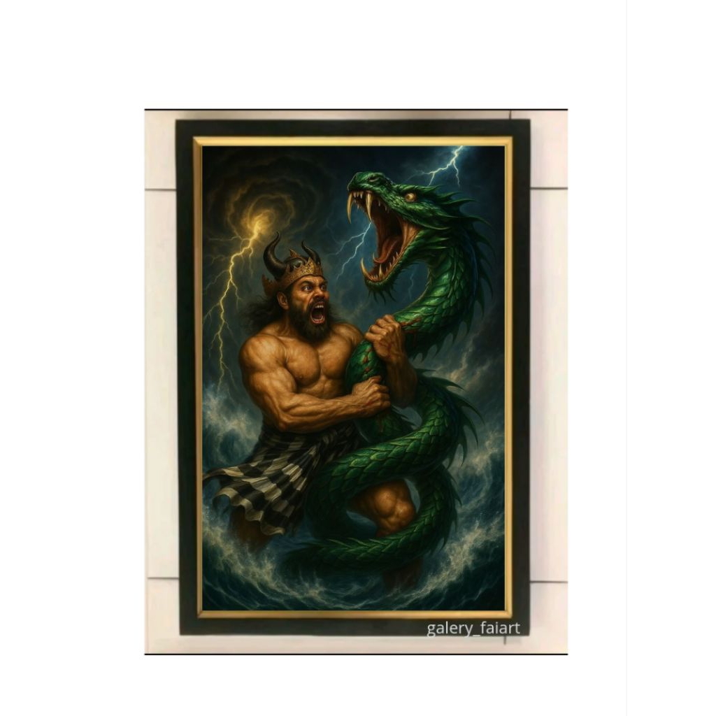 Jual Hiasan dinding cetak gambar plus bingkai kayu bima melawan naga ...