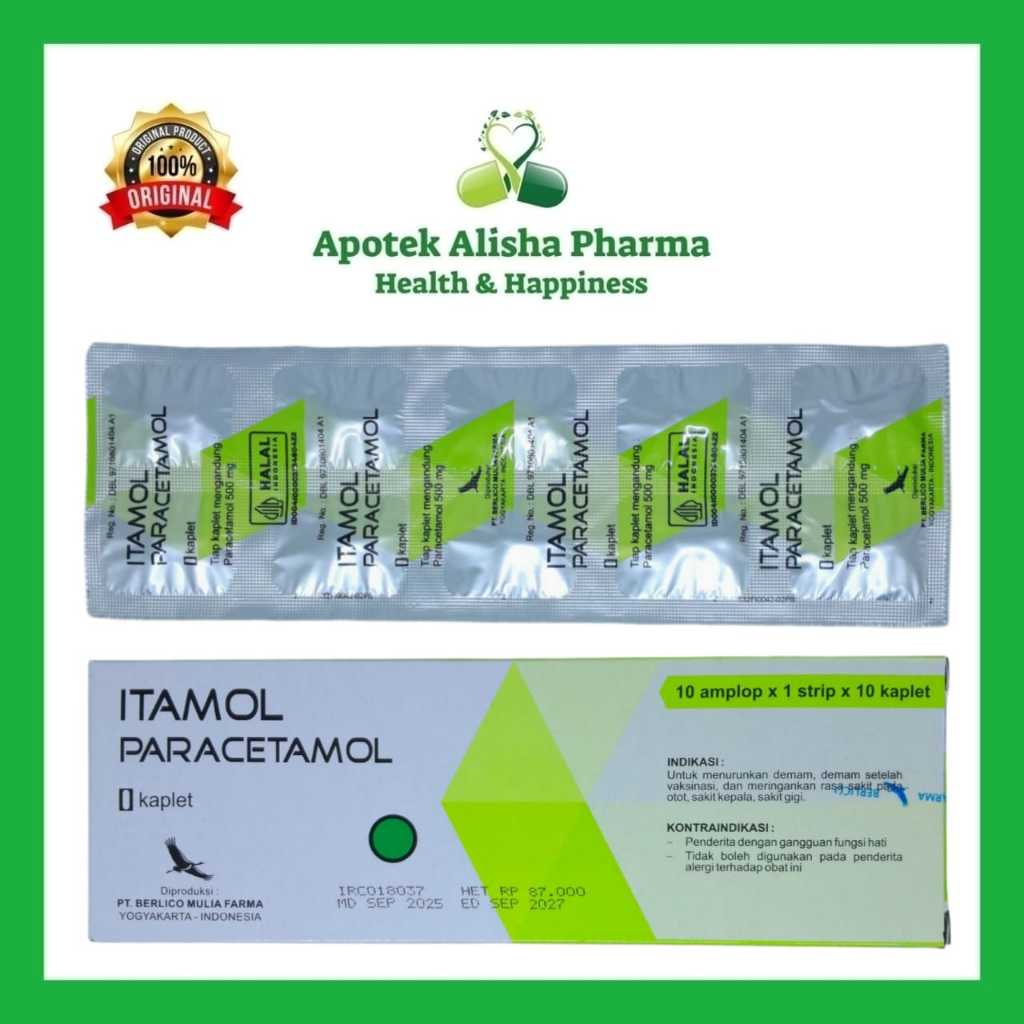 Jual Itamol Paracetamol 500mg Box isi 100 dan Strip isi 10 Kaplet Obat ...