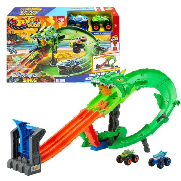 Jual Hot Wheels Toy Monster Trucks, Sharks vs. Dinos Dragon Destruction Playset with 1:64 Scale ...
