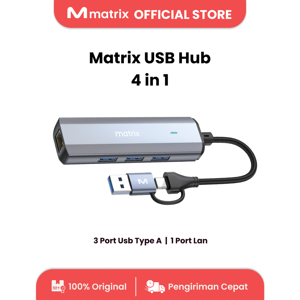 Jual Matrix USB Hub 4in1 – 3 USB A + 1 LAN – Stabil untuk WFH & Meeting ...