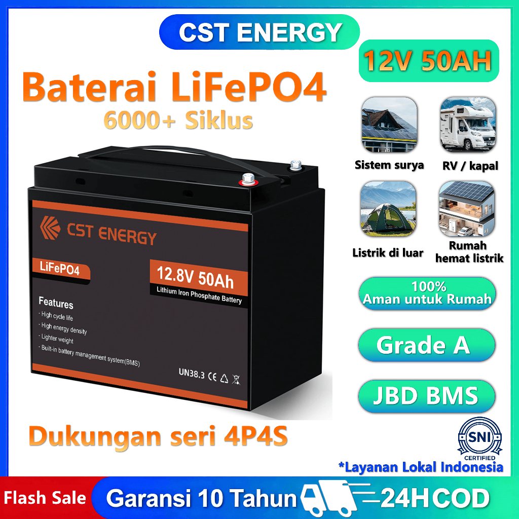 Jual CST LiFePO4 baterai 12.8V 50ah/100ah baterai Solar dengan JBD BMS ...