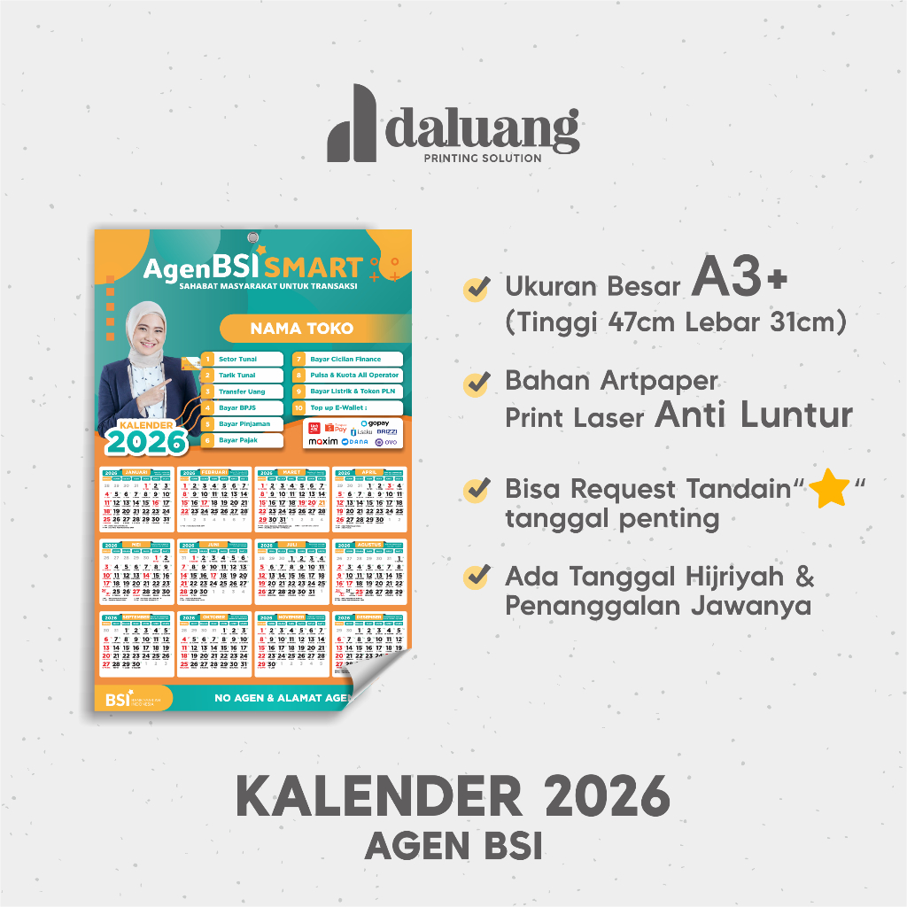 Jual Kalender 2026 Agen Bank BSI Custom Desain Suka Suka Foto Konter ...