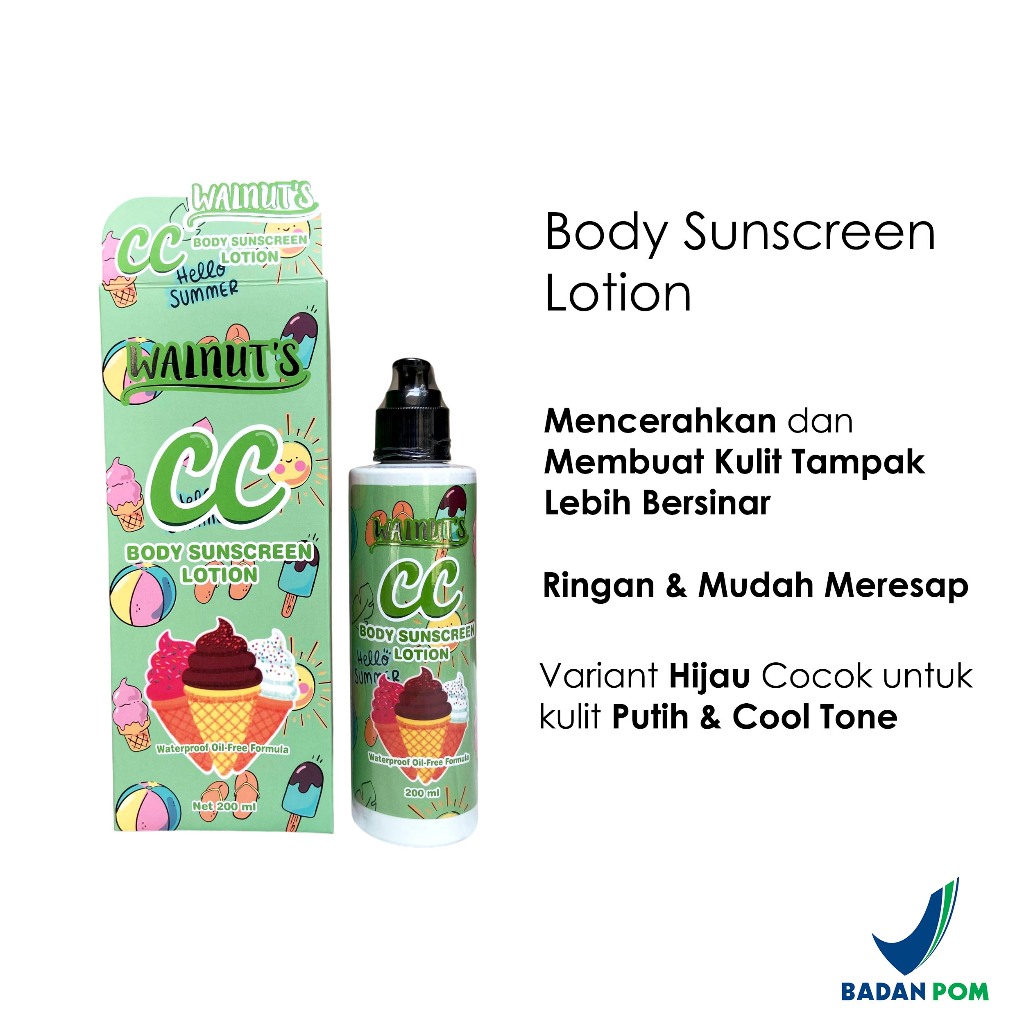 Jual Walnuts CC Body Sunscreen Lotion Bpom Tone Up Waterproof 200ml ...