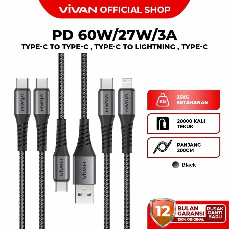 Jual VIVAN Kabel Data C TO C dan C TO Lightning Fast Charging 60W PD QC ...