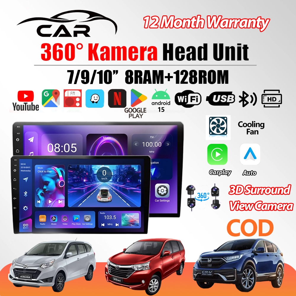 Jual Support Kamera 360 Head Unit 8+128GB Android 15 7/9/10 Inch 8-Core ...