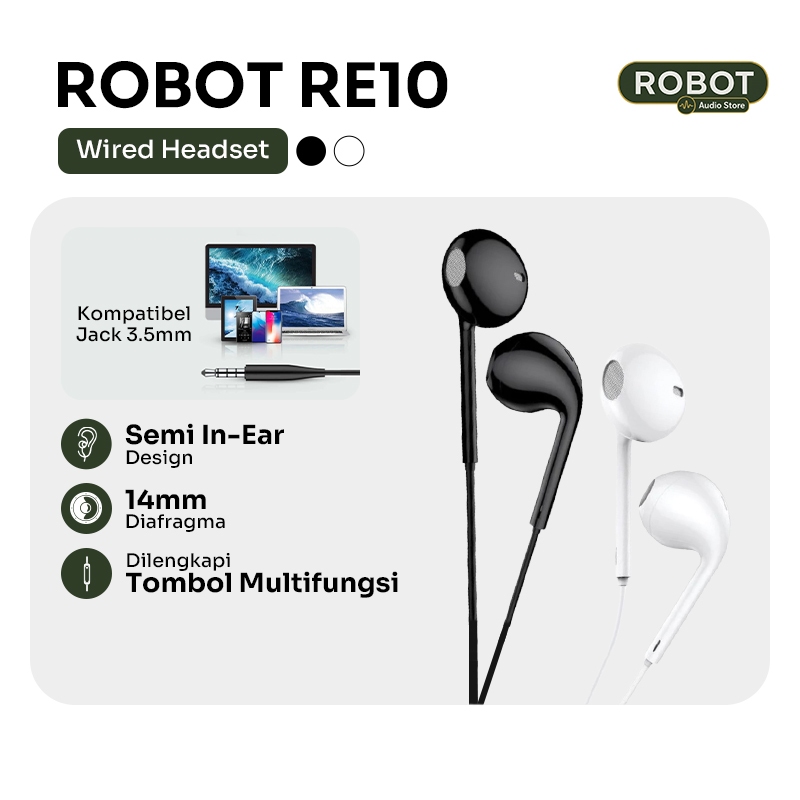 Jual ROBOT Earphone Kabel Jack 3.5mm RE10 Headset Wired Bass Jernih ...