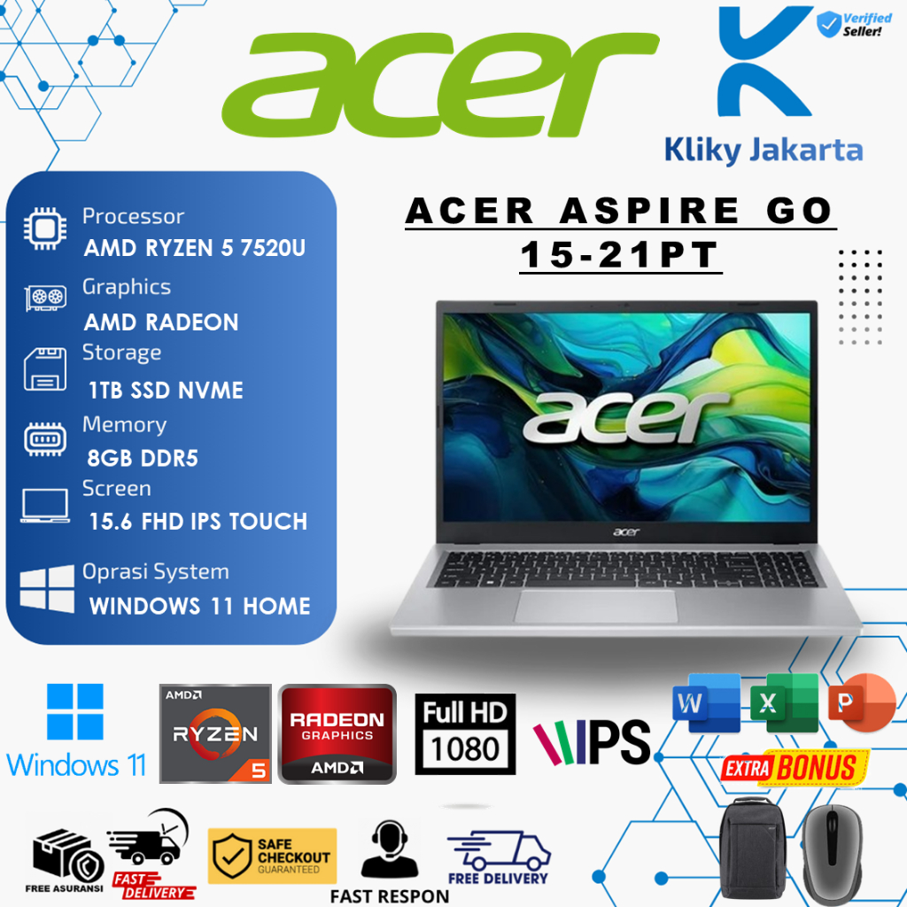 Jual Laptop Acer Aspire Go 15-21PT Amd Ryzen 5 7520U 8GB DDR5 1TB 15.6 ...