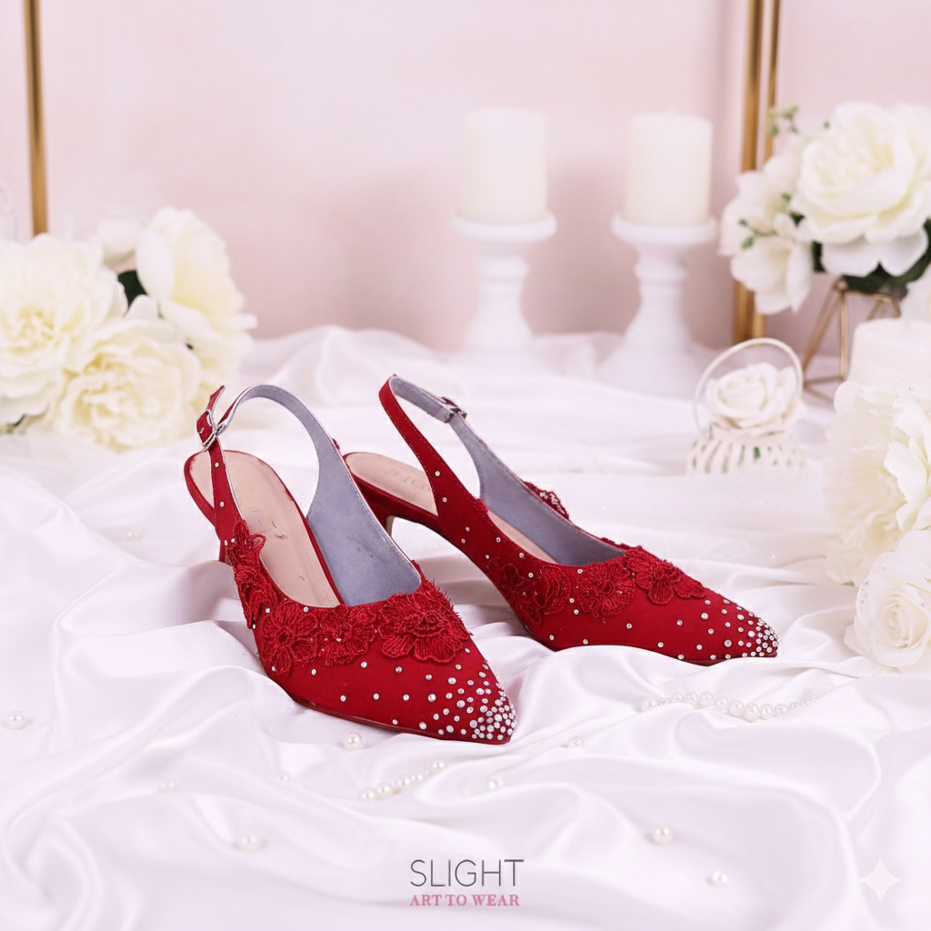 Jual SLIGHT Sepatu Slingback Marigold Merah Brokat Lace Wedding Shoes ...