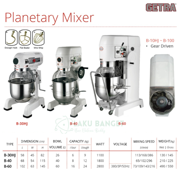 Jual GETRA Planetary Mixer 30 Liter B-30HJ / Mixer Planetary GETRA 40L ...