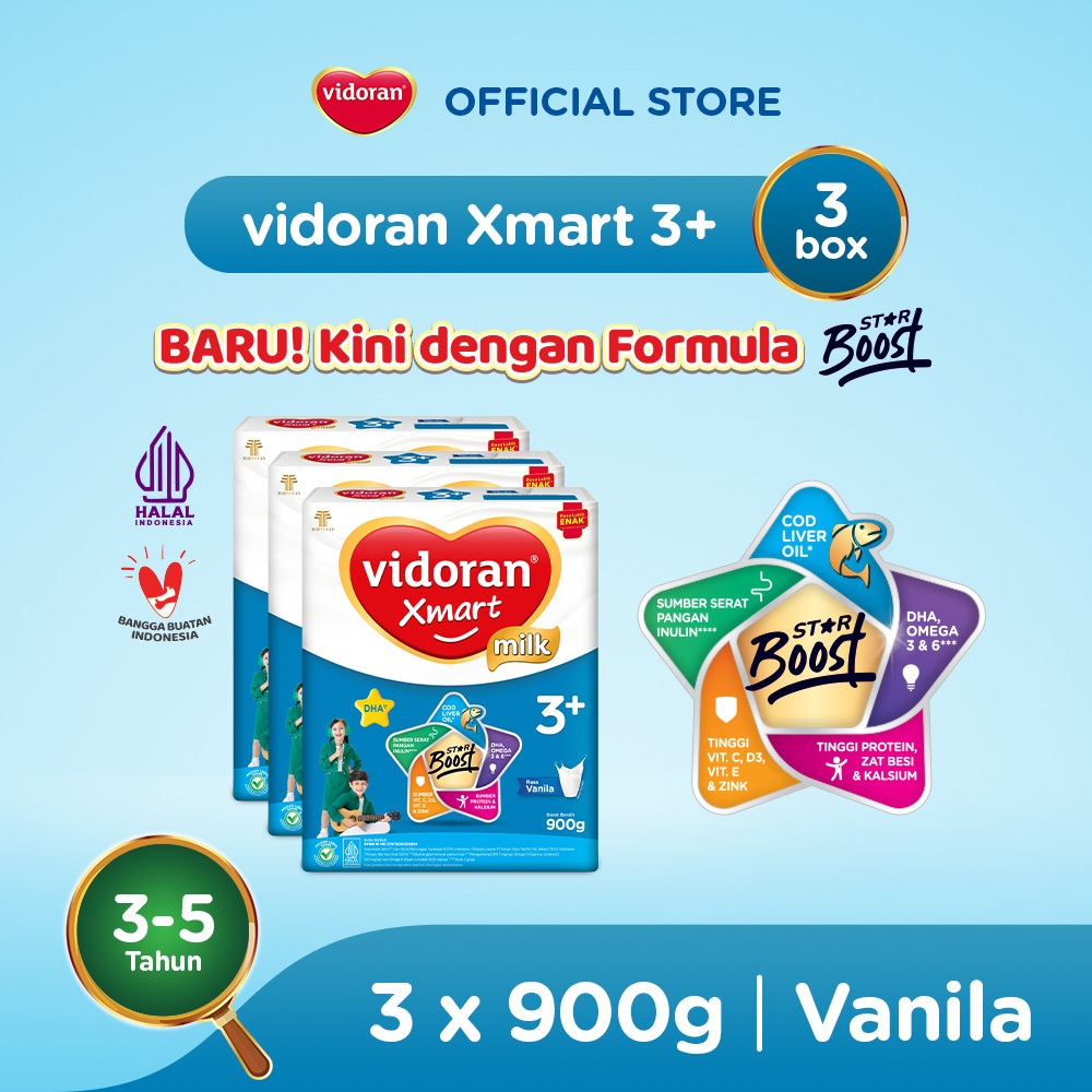 Jual vidoran Xmart 3+ Vanilla 900gr Susu Formula Pertumbuhan Anak 3-5 ...