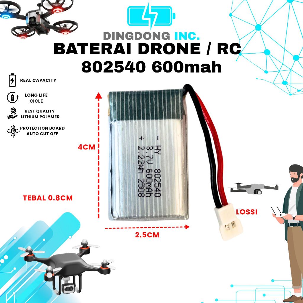 Jual BATERAI DRONE RC HELI LITHIUM POLYMER LIPO 600 Mah 802540 2.5CM X ...