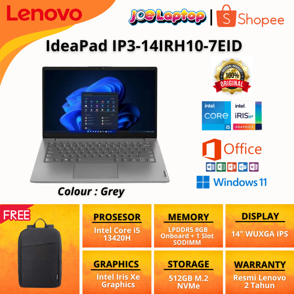 Jual Lenovo Ideapad IP3-14IRH10-7EID Grey i5 13420H Win11 OHS | Shopee ...