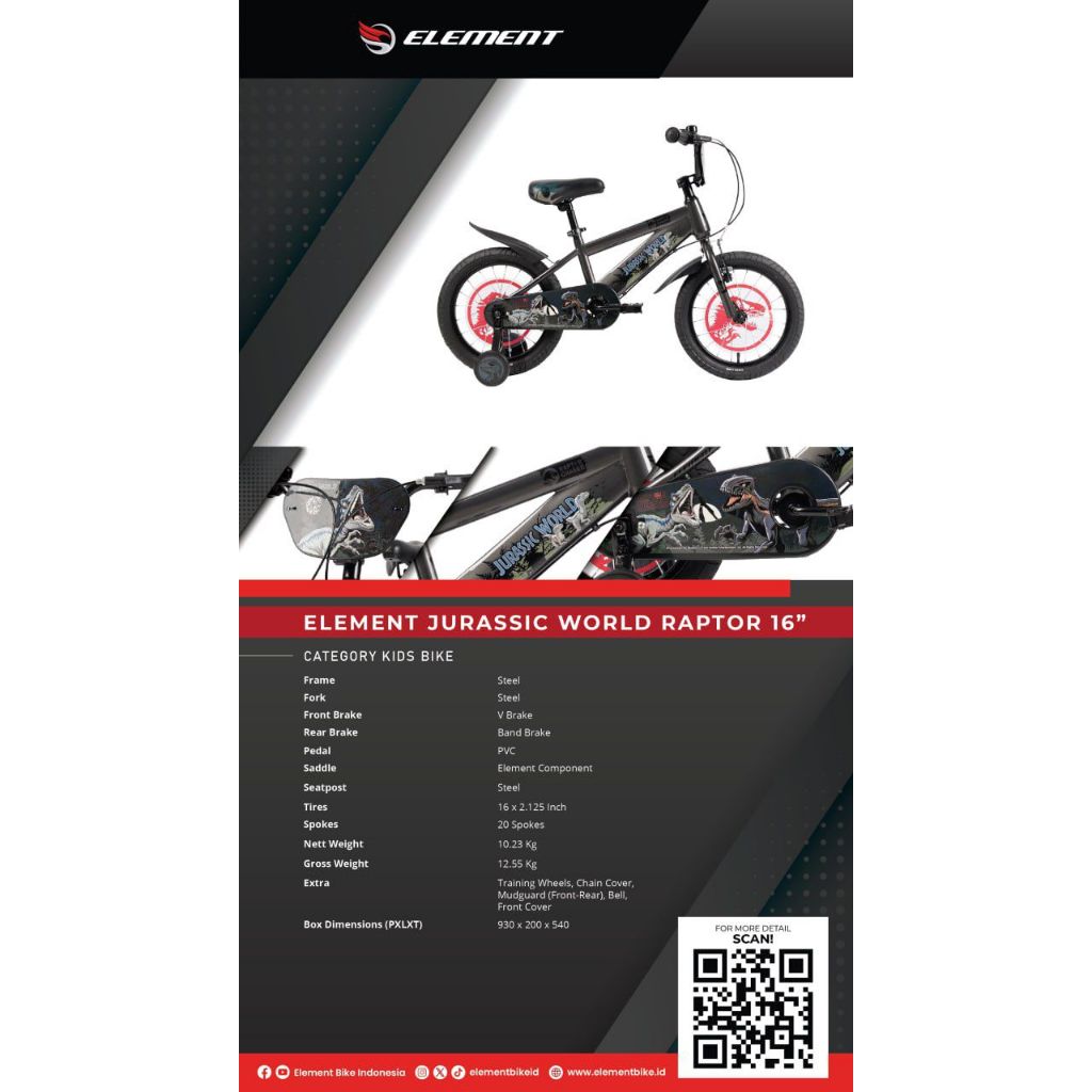 Jual SEPEDA BMX UK 16.18 MERK ELEMENT TYPA JURASSIC WORLD RAPTOR ...
