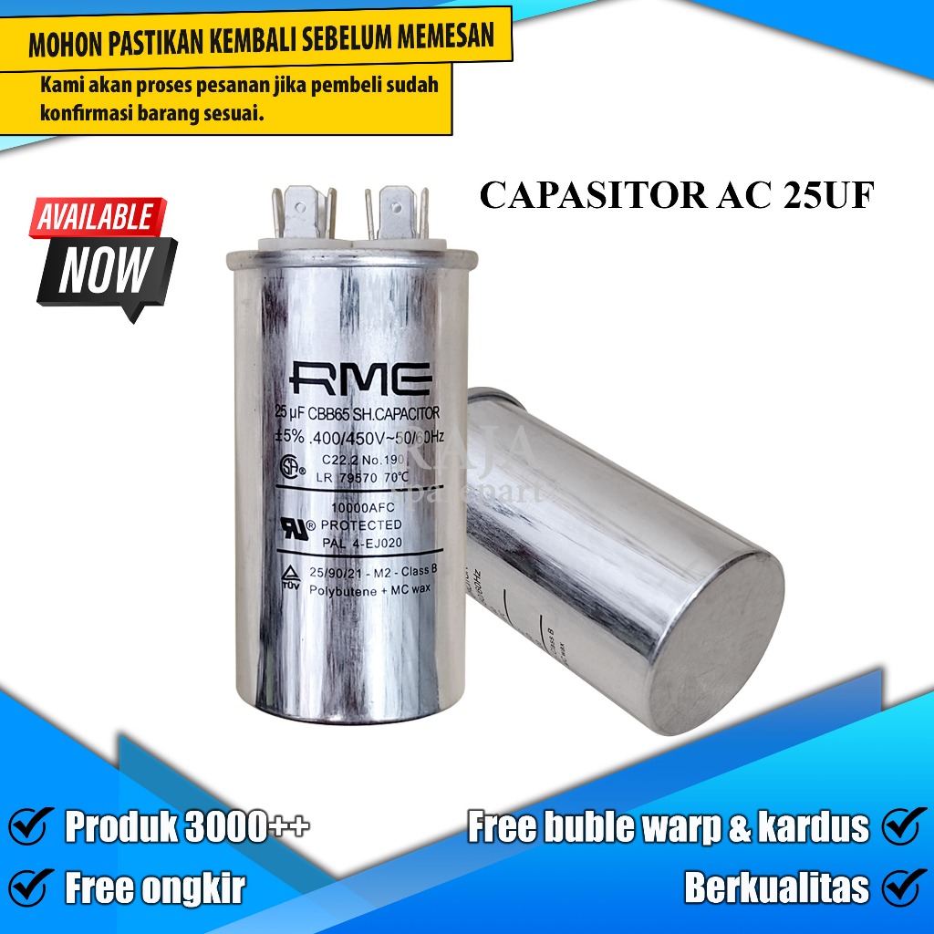 Jual C25 Capasitor Running AC Single 25uf / CAPASITOR AC 25UF (KHUSUS ...