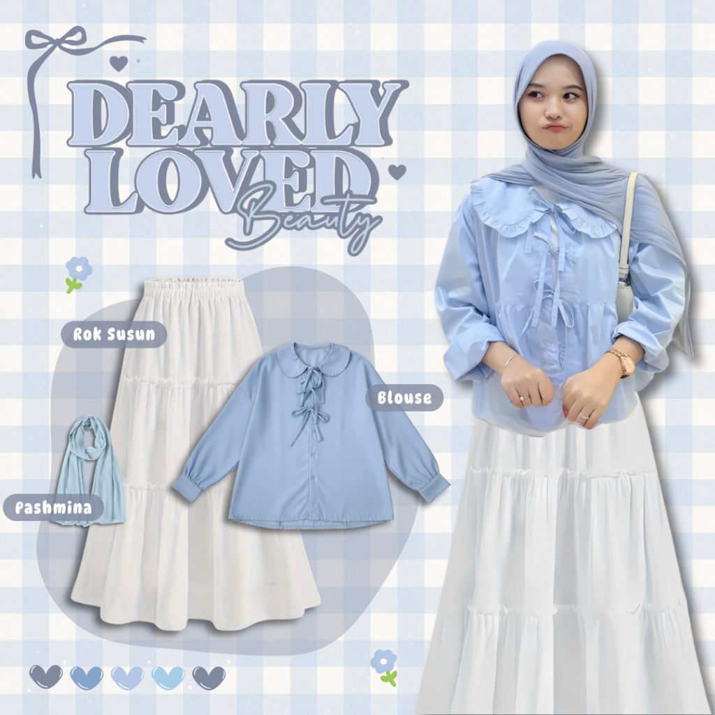 Jual Sysy Outfit One Set Korea | Blouse Tali Pita Soft Blue + Rok Susun ...