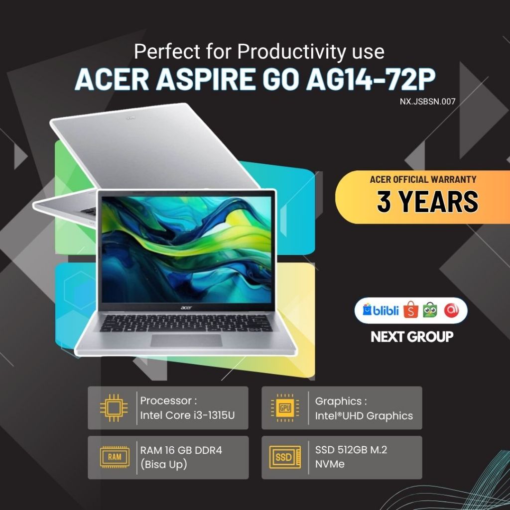 Jual ACER Aspire GO 14 AG14 72P 38GD Intel Core i3 1315U 8/512GB SSD ...