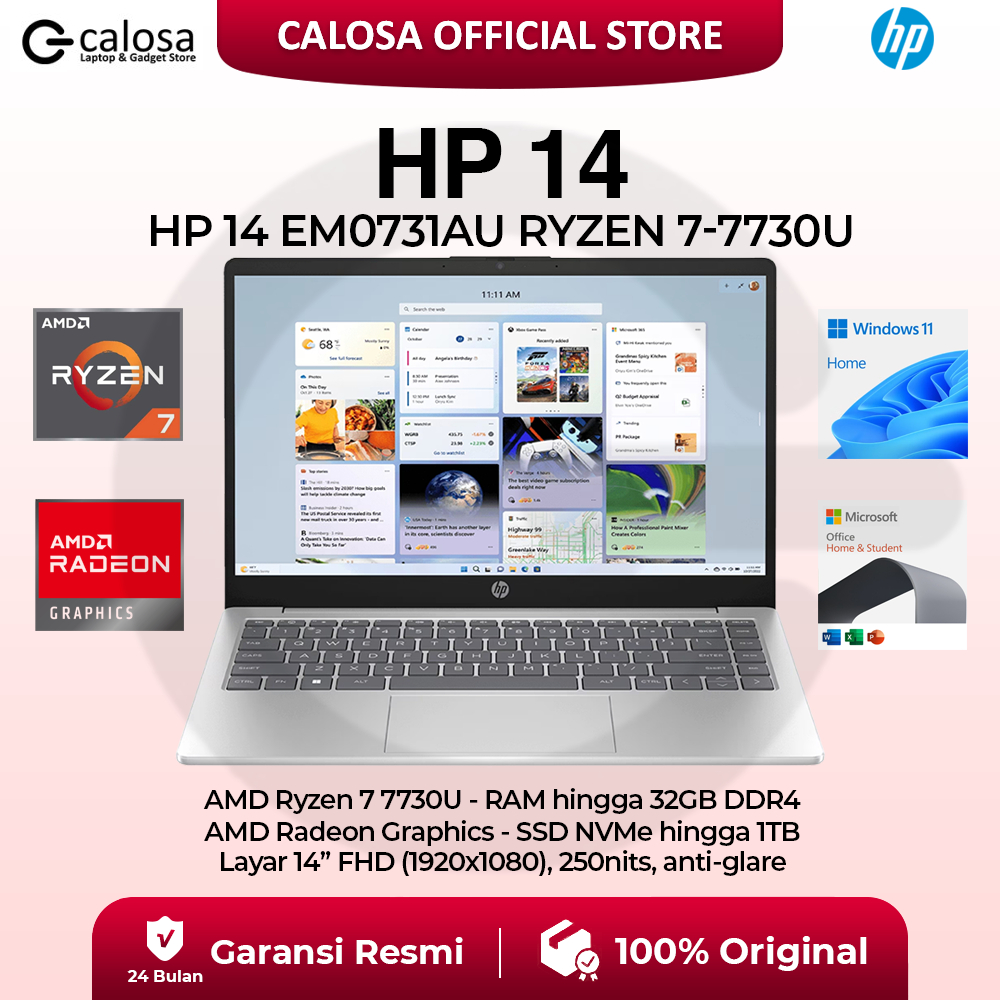 Jual Laptop HP 14 em0730AU em0731AU Ryzen 7-7730U RAM 16GB 512GB SSD 14" FHD Windows 11 Home+OHM ...