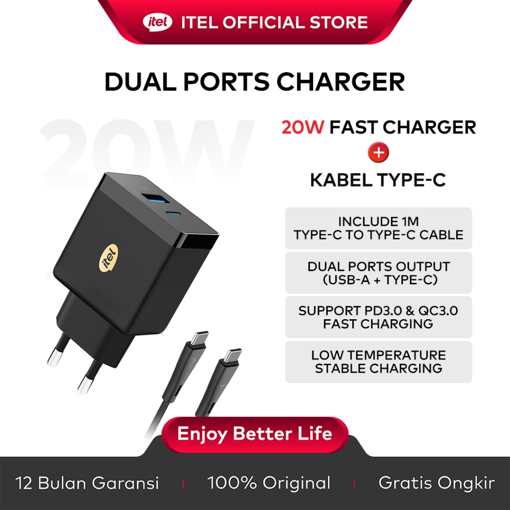 Jual itel Official ICW-206EU 20W Dual-Ports Charger Fast Charging ...
