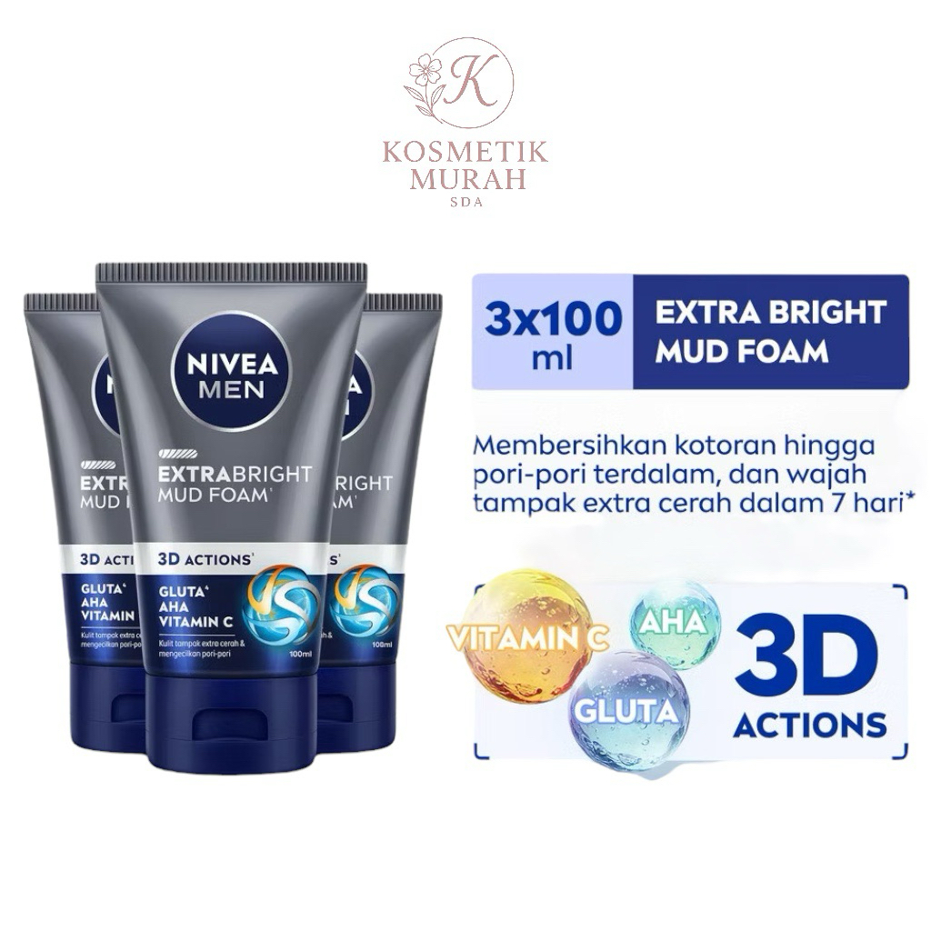Jual (paket hemat 3 pcs) nivea men extra bright mud foam 3d action ...
