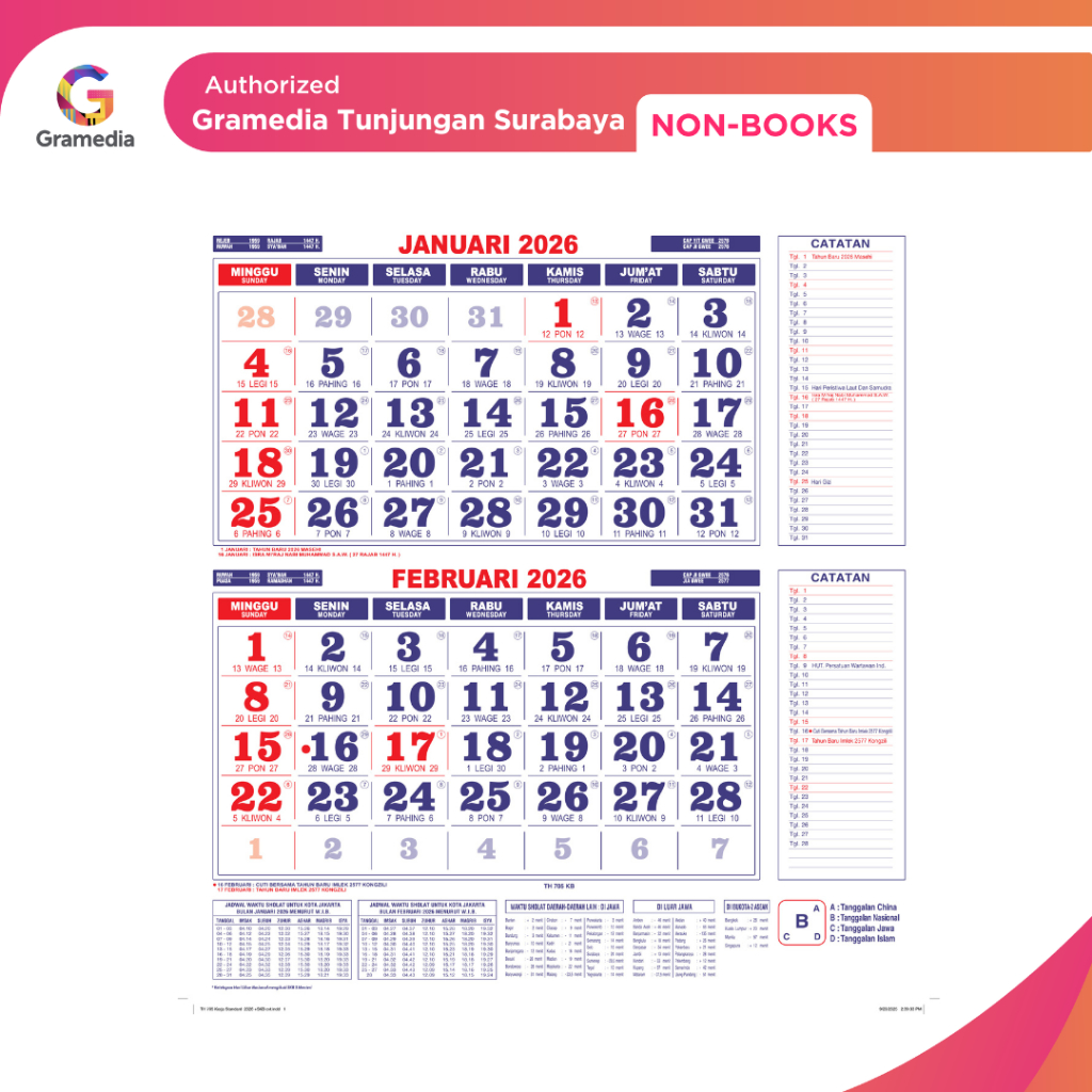 Jual Gramedia Tunjungan : Kalender Dinding Dwi Standard 2026 | Shopee ...