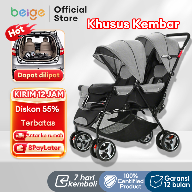 Jual BEIGE Stroller Bayi Kembar Double Tandem Dapat Dilipat - Premium ...