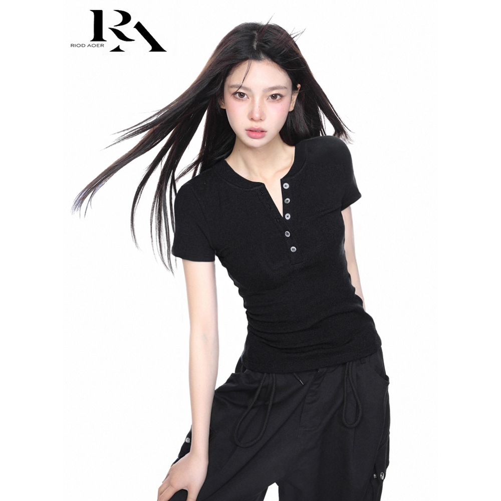 Jual RIOD AOER Kaos lengan pendek kerah Henley hitam gaya Amerika untuk ...