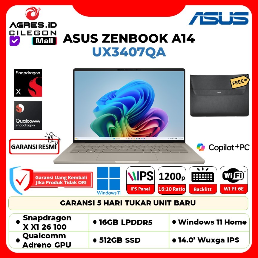 Jual Asus Zenbook A14 UX3407QA Snapdragon X X1 26 100 16GB 512GB SSD 14 ...