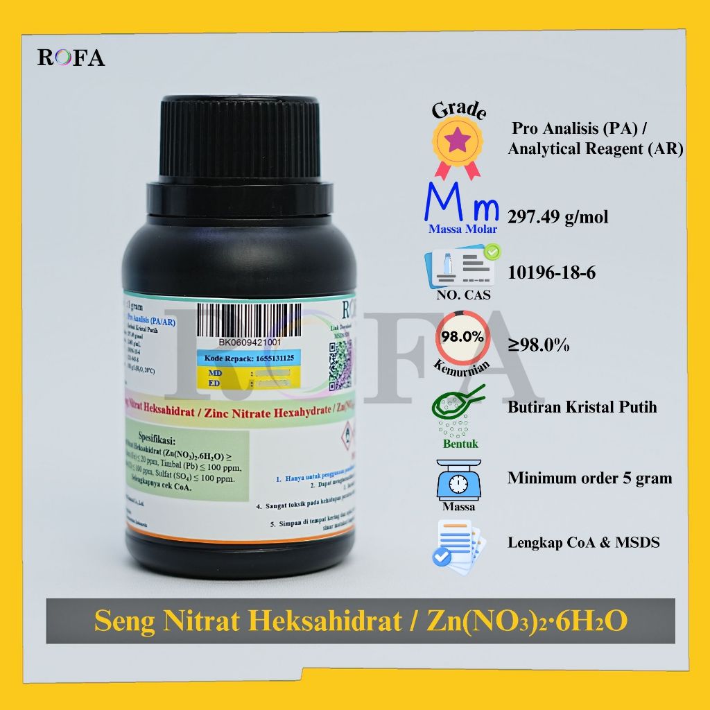 Jual ROFA Seng Nitrat Heksahidrat / Zinc Nitrate Hexahydrate / Zn(NO3)2 ...