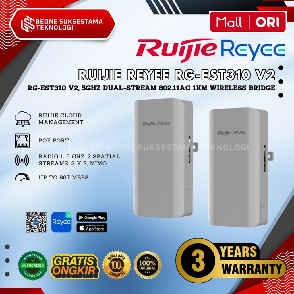 Jual Ruijie RG-EST310 V2, 5GHz Dual-stream 802.11ac 1KM Wireless Bridge ...