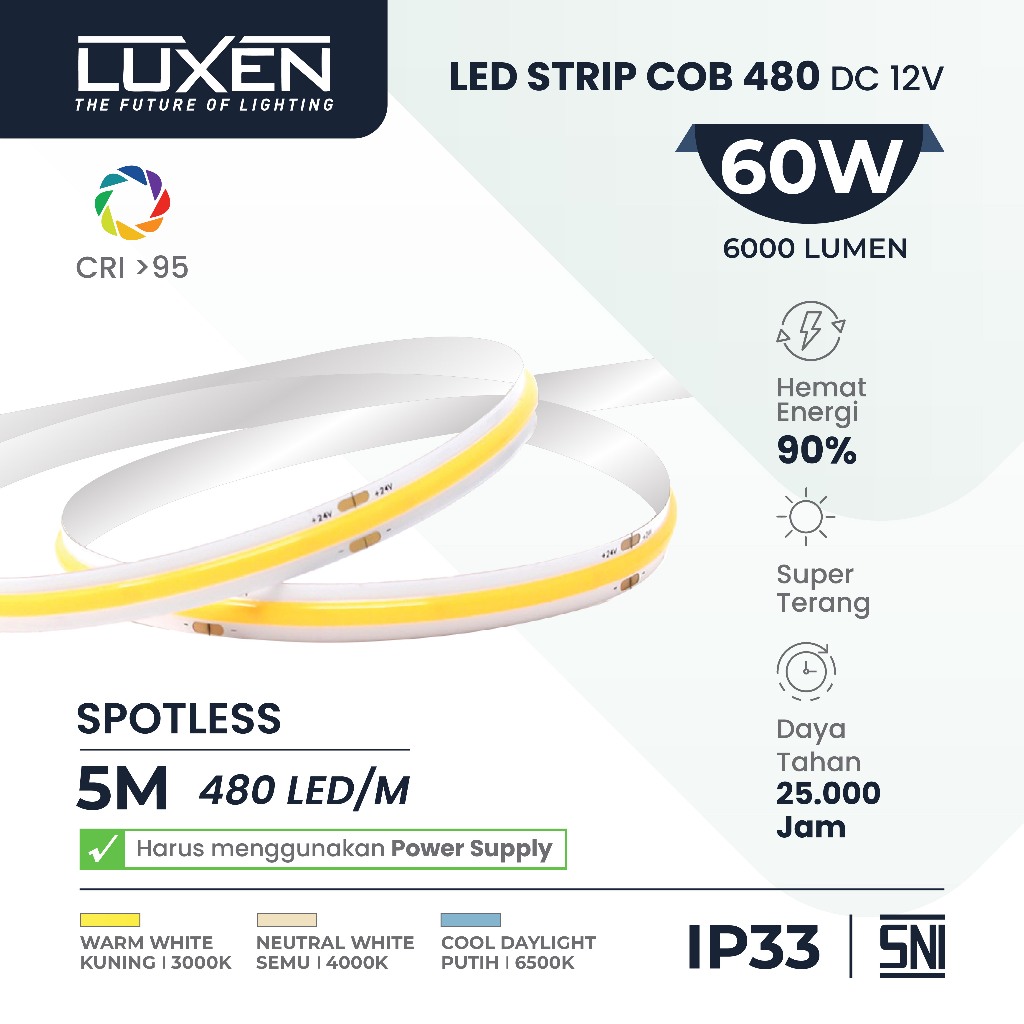 Jual LUXEN LED STRIP COB 480 LED/METER Cahaya Putih, Kuning, dan ...