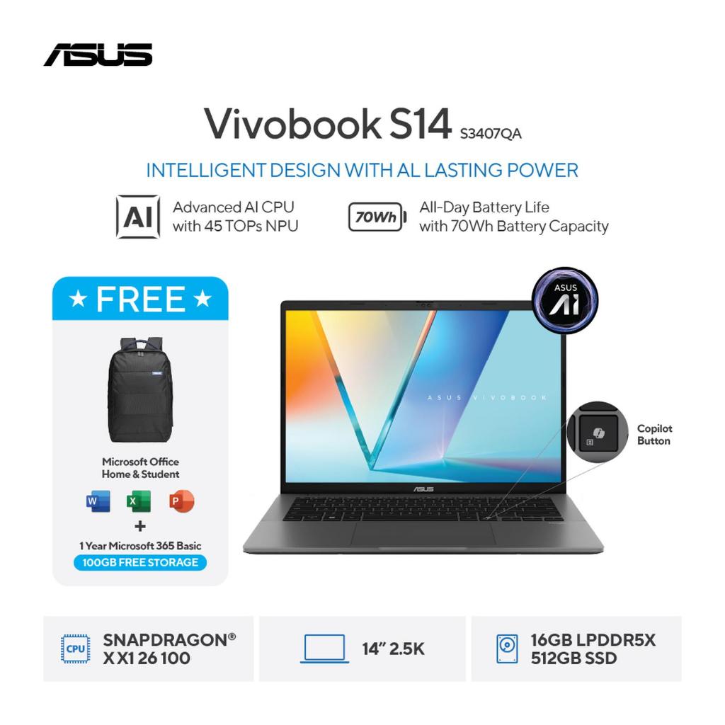 Jual ASUS Vivobook S14 S3407QA-IPSP151M 90NB16B2-M00090 SNAPDRAGON X ...