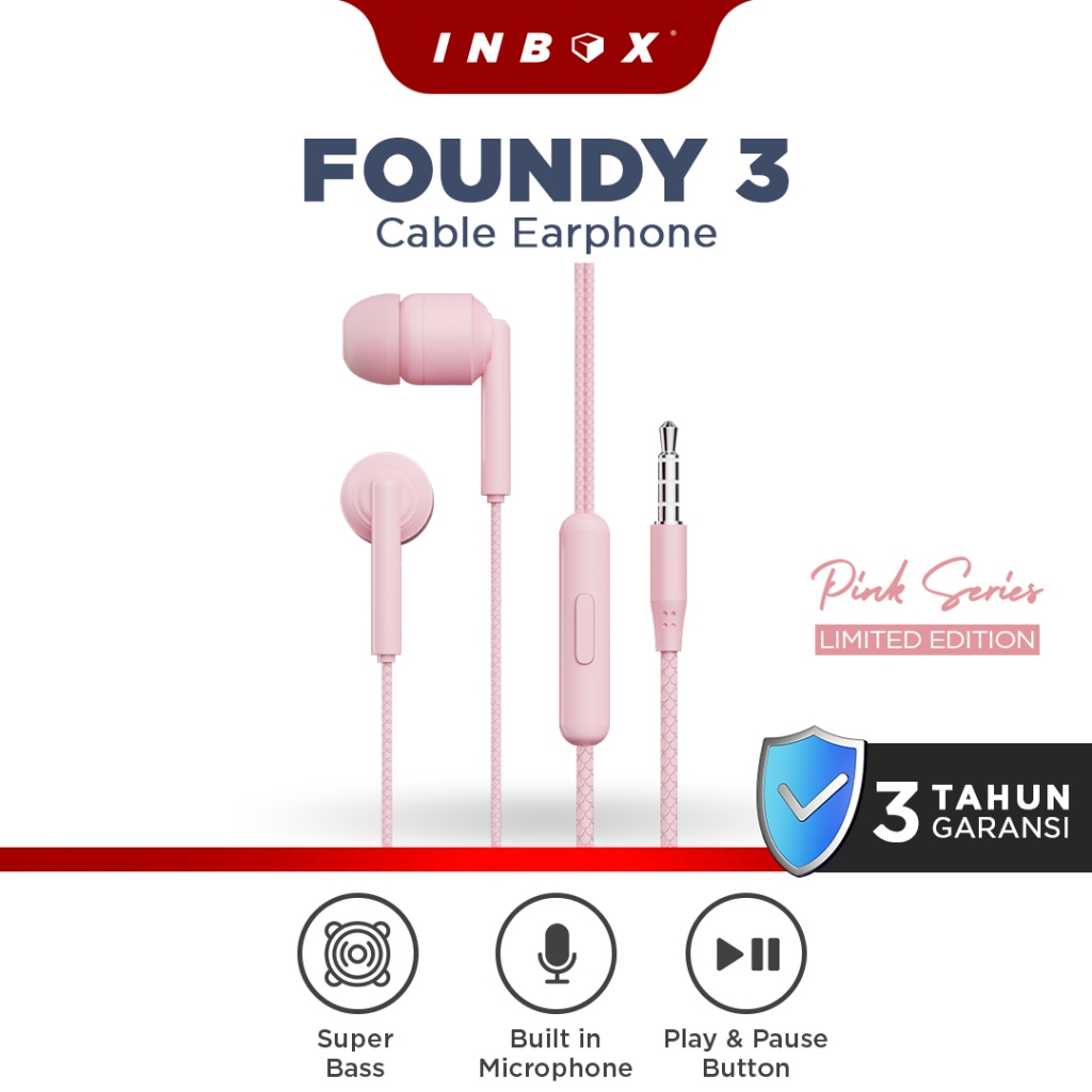 Jual Inbox Earphone Foundy 3 Pink Headset dengan Microphone dan Super ...
