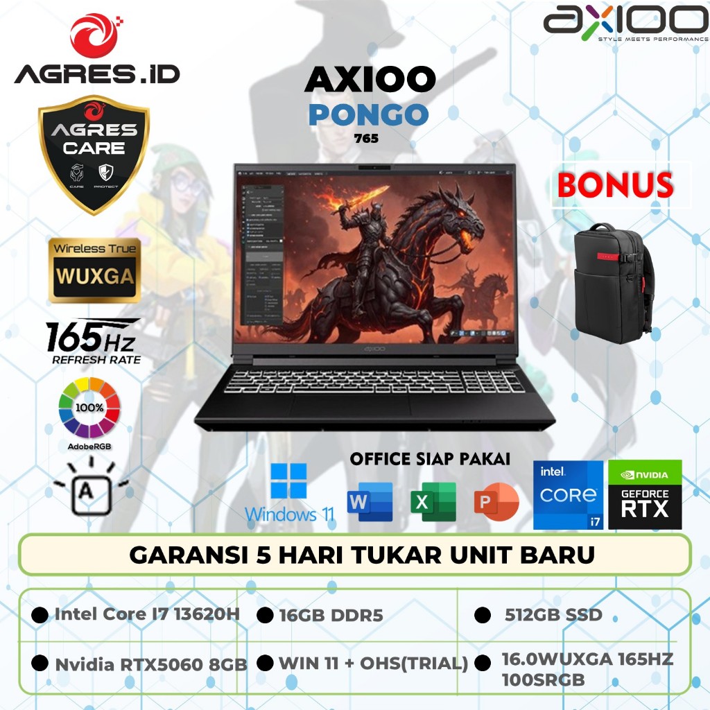 Jual Laptop AXIOO PONGO 765 Intel I7 13620H NVIDIA RTX5060 8GB Ram 16GB ...