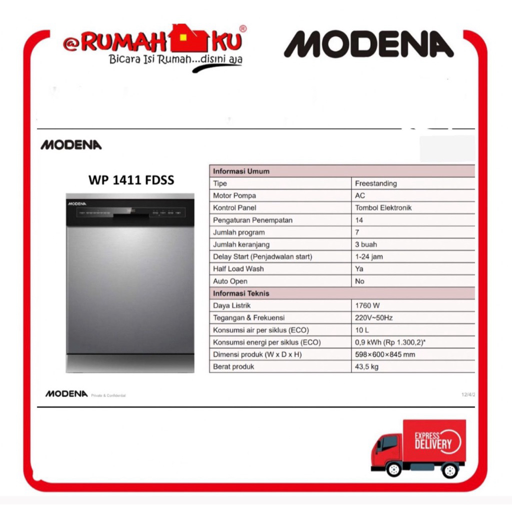 Jual Modena Diswasher WP 1411 FDSS /Modena Diswasher WP 1411FDSS ...