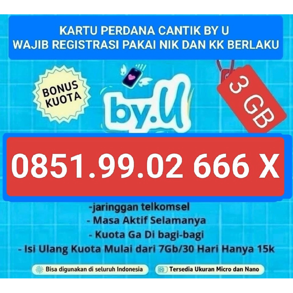 Jual Kartu perdana by.U nomor cantik ||0.851.99 02 666X|isi kuota 3GB ...