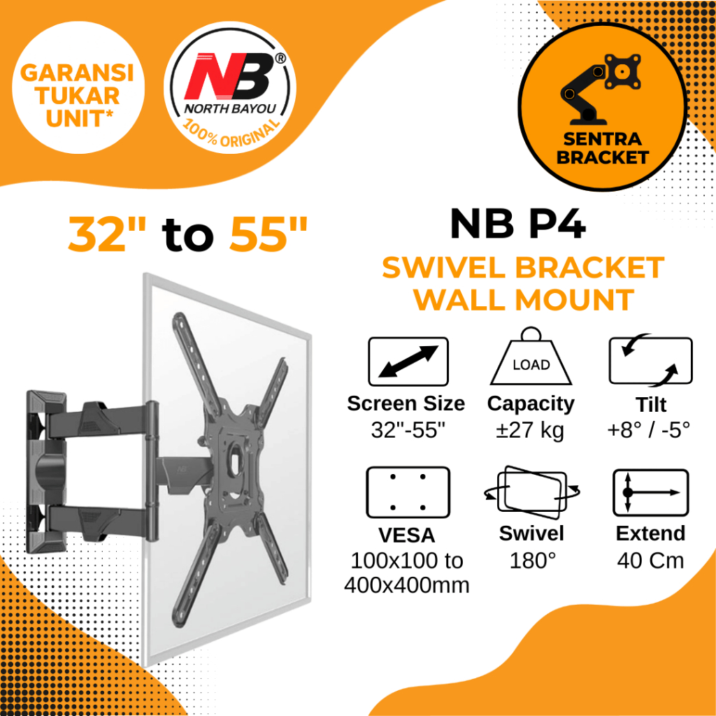 Jual North Bayou NB P4 Bracket Swivel Wall Mount 32" to 55" Untuk ...