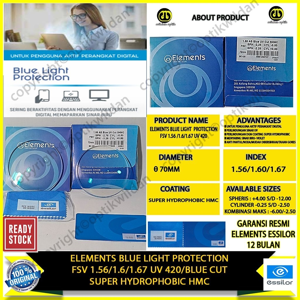 Jual ELEMENTS ESSILOR LENSA BLUERAY FSV 1.56/1.6/1.67 420 UV BLUE LIGHT ...