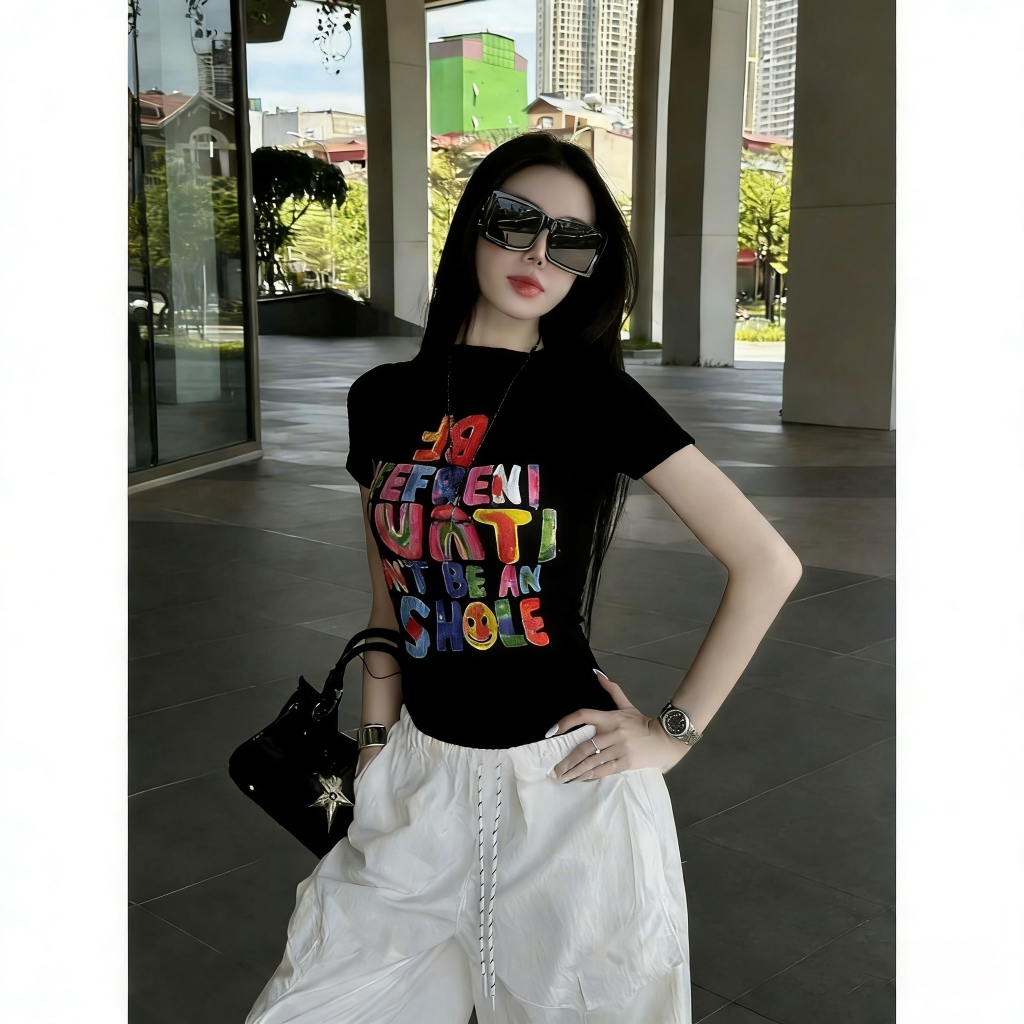 Jual Auvra Huruf warna T-shirt Y2K top kapas cetak mode bulat kerah ...
