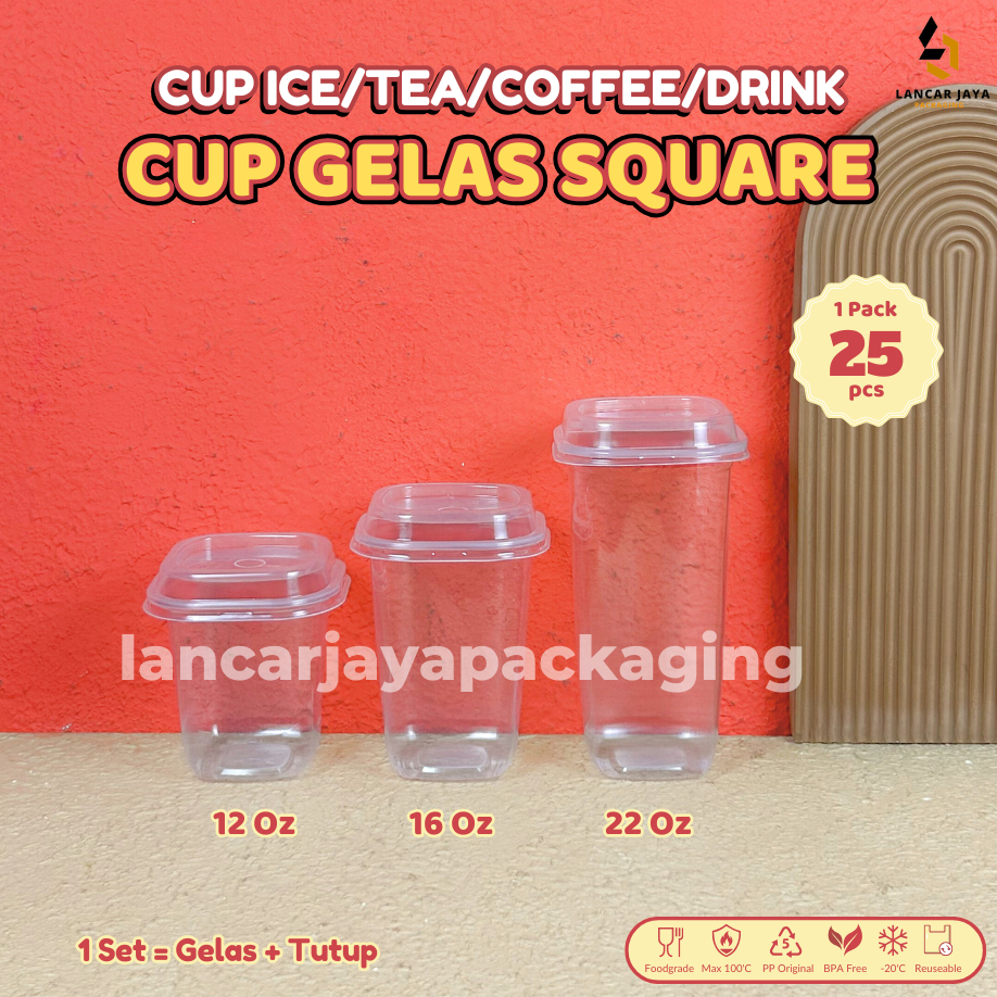 Jual HOK Cup Gelas Square Kotak Persegi + Tutup Tebal 8 12 16 22 Oz ...