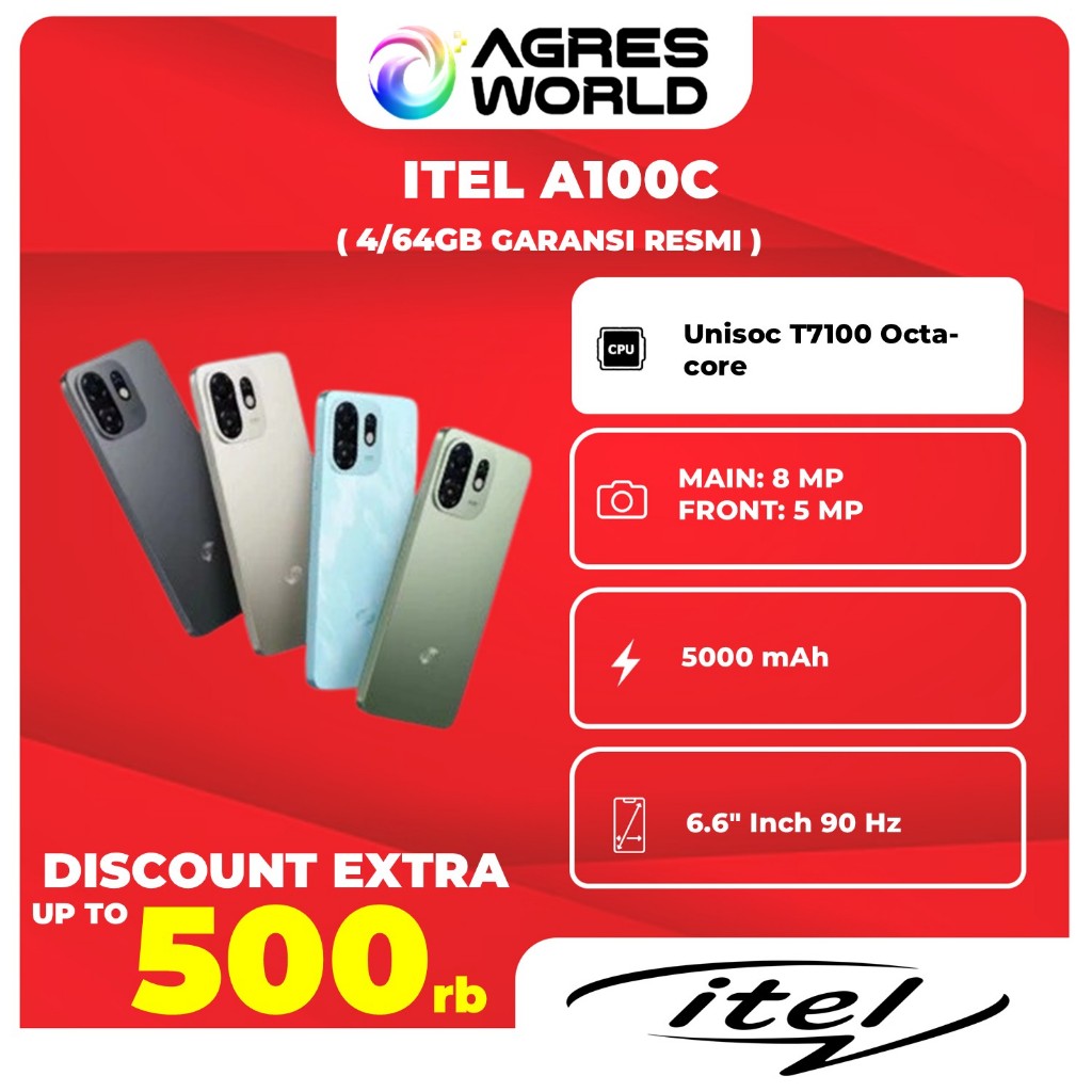 Jual Itel A100C 4GB/64GB - Layar 6.6" 90Hz Tahan Banting Military-Grade ...