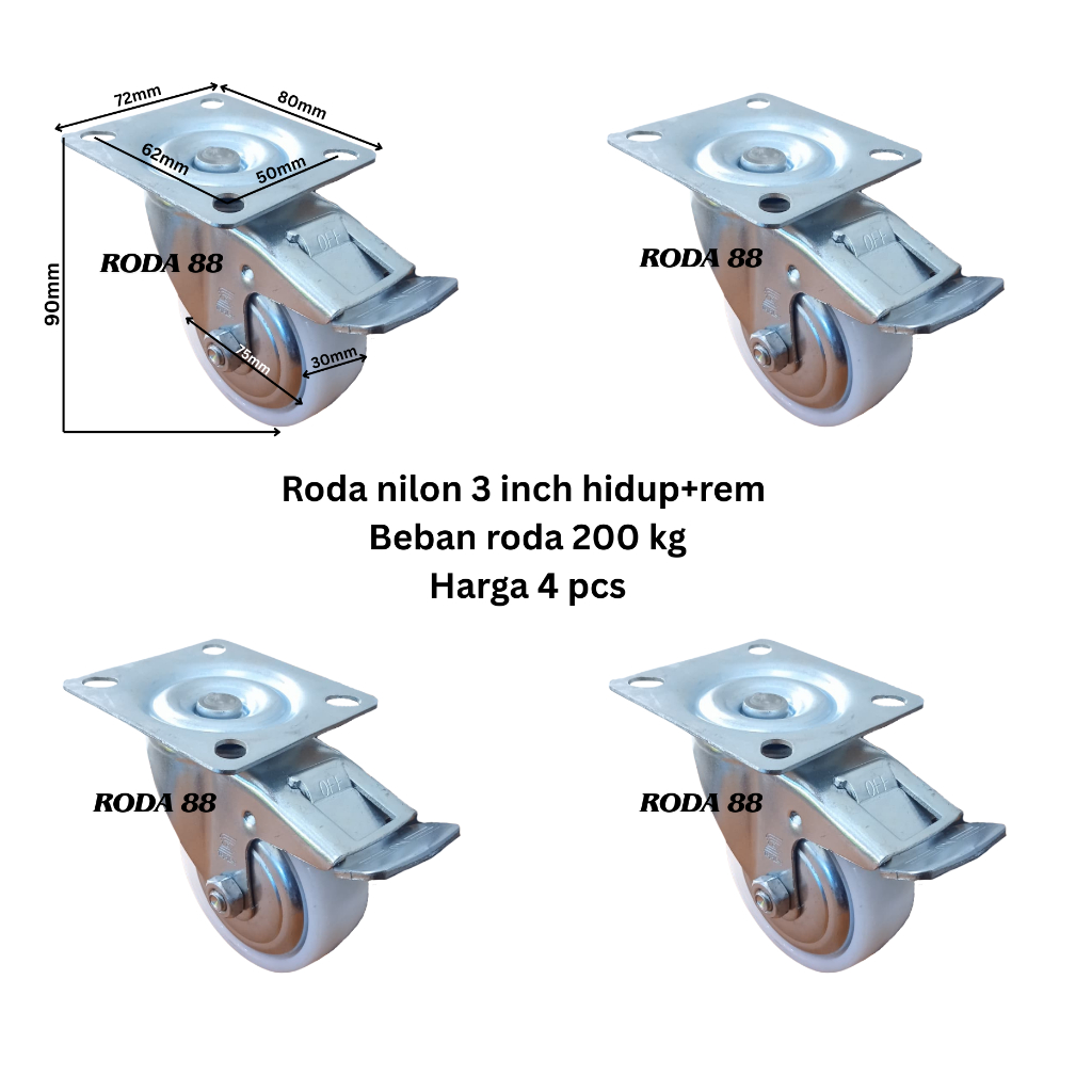 Jual Roda Nilon RRT 3 inch hidup+rem, Beban roda 200 kg, Harga 4 pcs ...