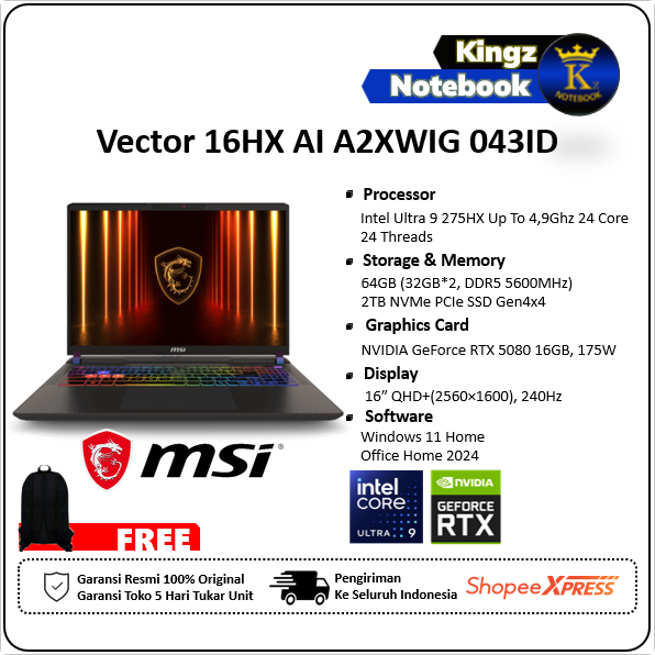 Jual MSI Vector 16 HX AI RTX5080 Core ultra 9 275HX 64GB 2TB SSD Win11 ...