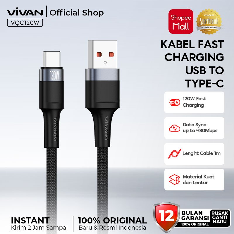 Jual VIVAN Kabel Data Type C 6.5A Fast Flash Charging 120W QC3.0 100CM ...