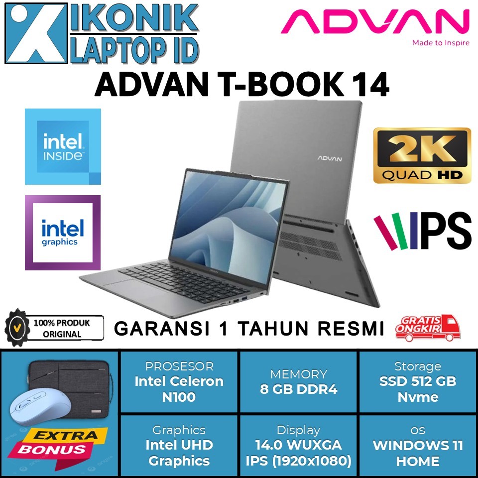 Jual Laptop Baru Advan T-Book 14 Intel N100 Ram 8GB SSD 512GB 14 ...