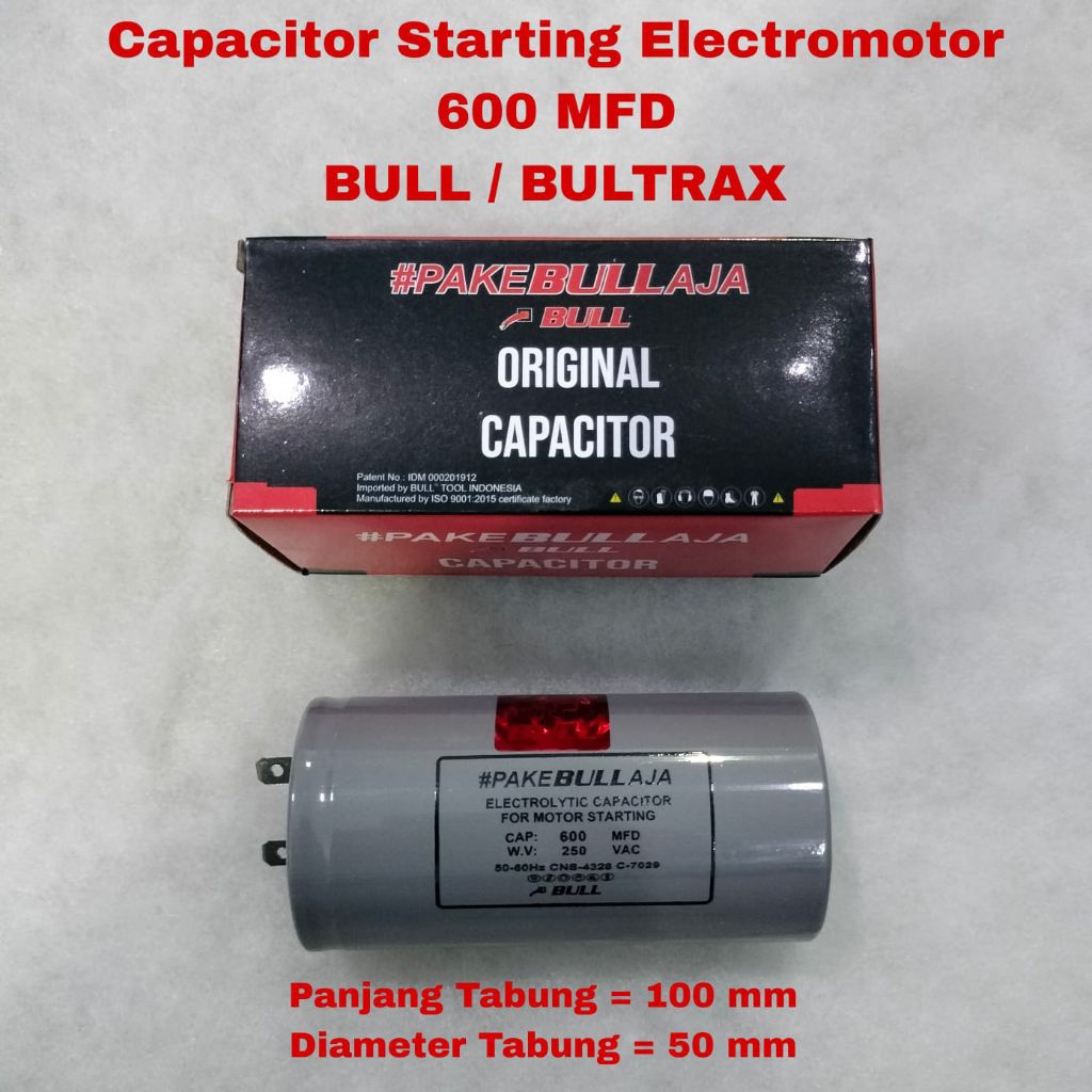 Jual Capasitor Elektromotor 600 MFD BULL Capacitor Starting BULTRAX ...