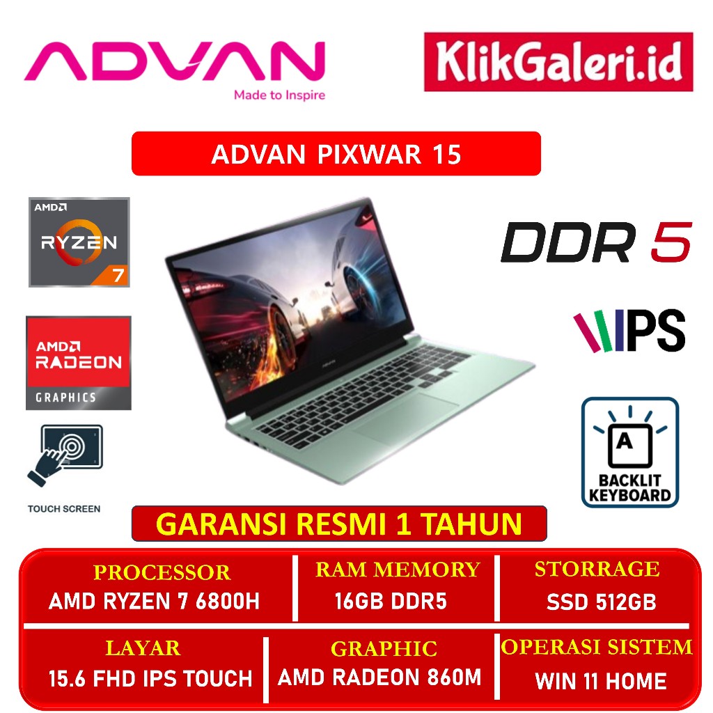 Jual Laptop Gaming Advan Pixwar 15 Amd Ryzen 7 6800H 16GB DDR5 512GB ...