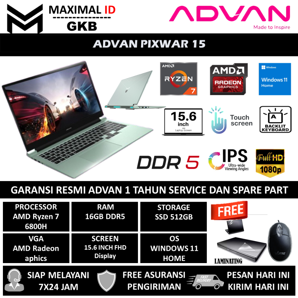 Jual Laptop Advan Pixwar 15 AMD Ryzen 7 6800H 16GB DDR5 512GB 15.6 FHD ...