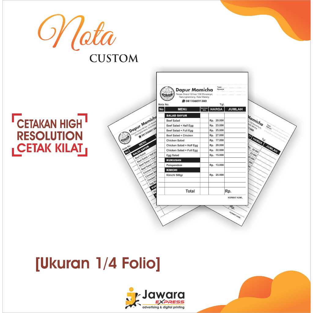 Jual CETAK NOTA 1/4 Folio , 1 WARNA , 1 PLY , Kertas NCR , FREE DESAIN ...